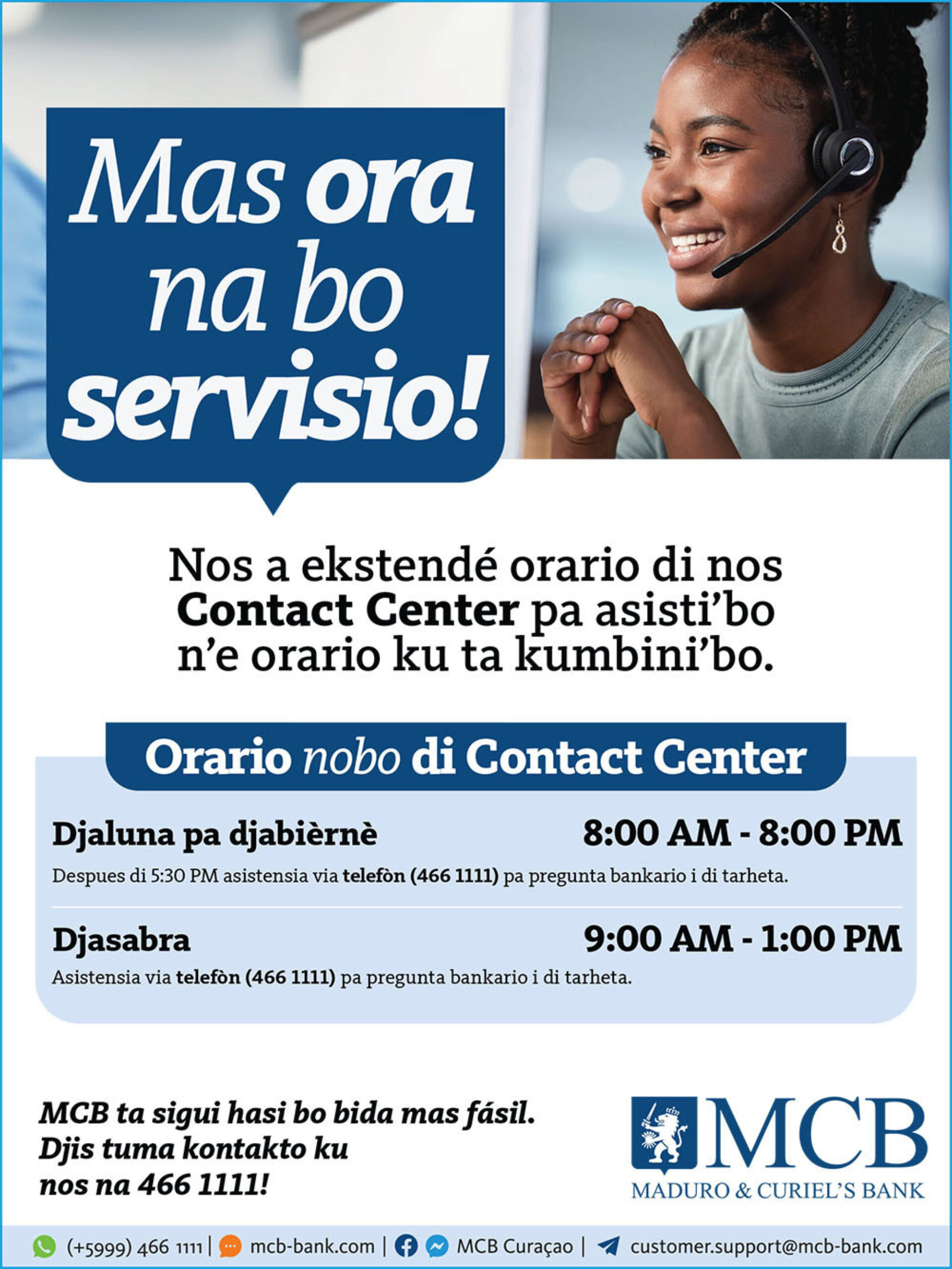 MCB Contact Center - Mas ora na bo servisio - Maduro & Curiel’s Bank