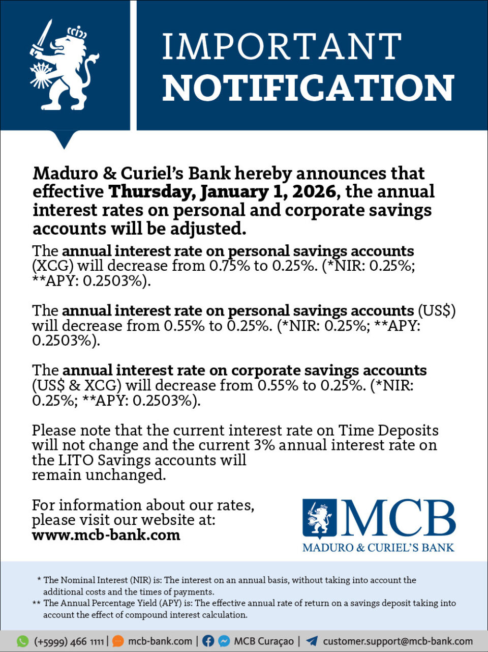 Maduro & Curiel’s Bank hereby announces that effective Thursday ...