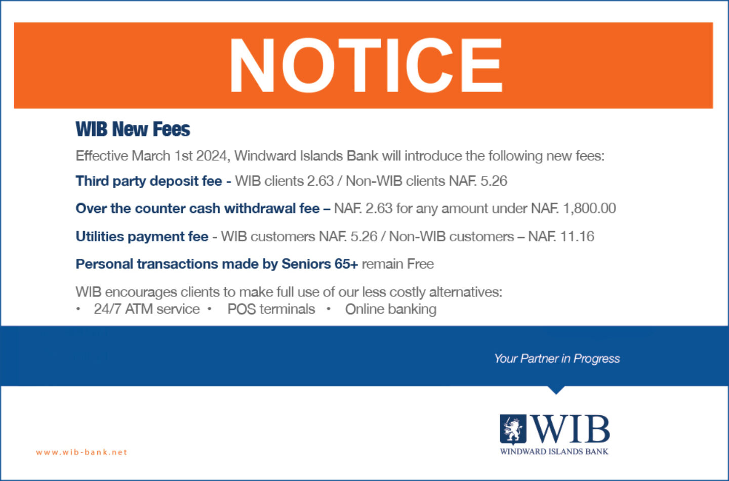WIB new fees - effective March 1st 2024 - The Windward Islands Bank